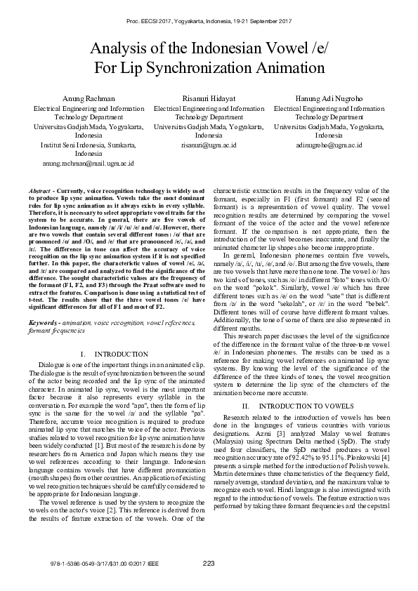 Pdf Analysis Of The Indonesian Vowel E For Lip Synchronization Animation