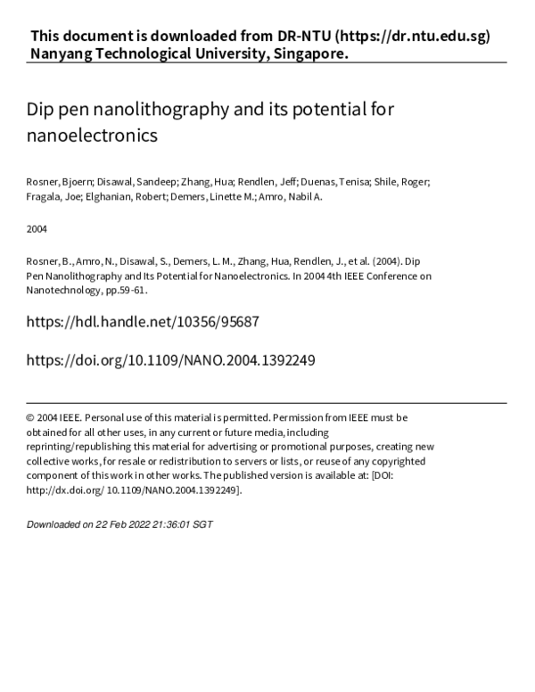 (PDF) Dip pen nanolithography and its potential for nanoelectronics