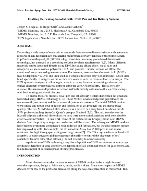 (PDF) Enabling the Desktop NanoFab with DPN® Pen and Ink Delivery Systems