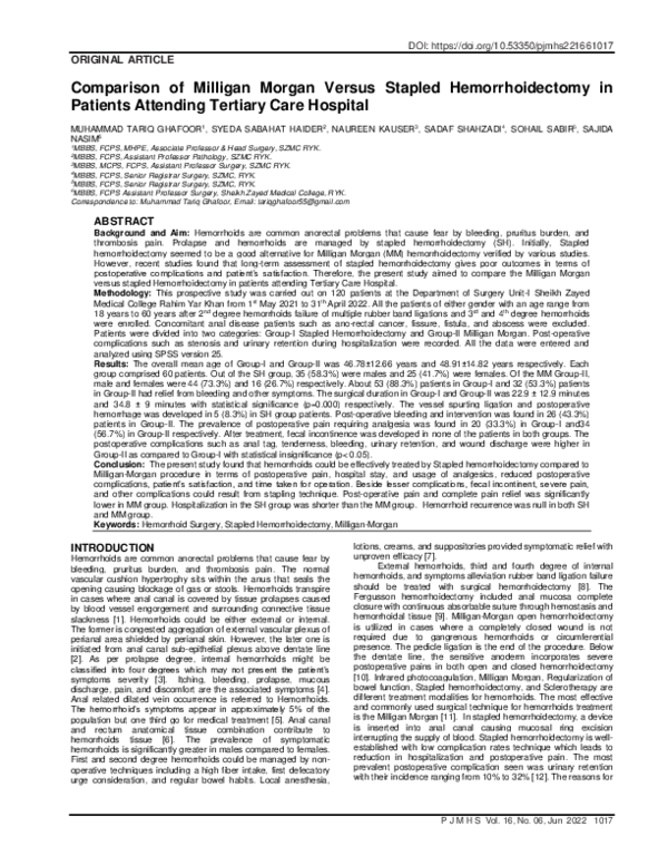 (PDF) Comparison of Milligan Morgan Versus Stapled Hemorrhoidectomy in ...