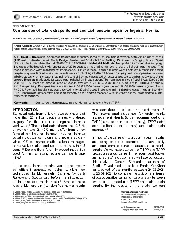 (PDF) Comparison of total extraperitoneal and Lichtenstein repair for Inguinal Hernia
