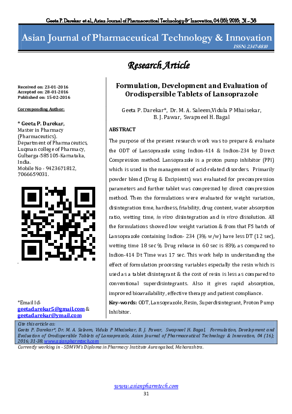Pdf Formulation Development And Evaluation Oforodispersible Tablets