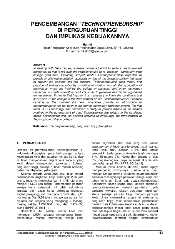 (PDF) Pengembangan “Technopreneurship” DI Perguruan Tinggi Dan Implikasi Kebijakannya