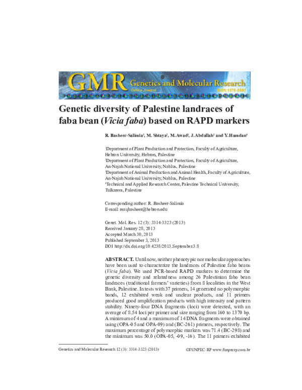 (PDF) Genetic diversity of Palestine landraces of faba bean (Vicia faba) based on RAPD markers