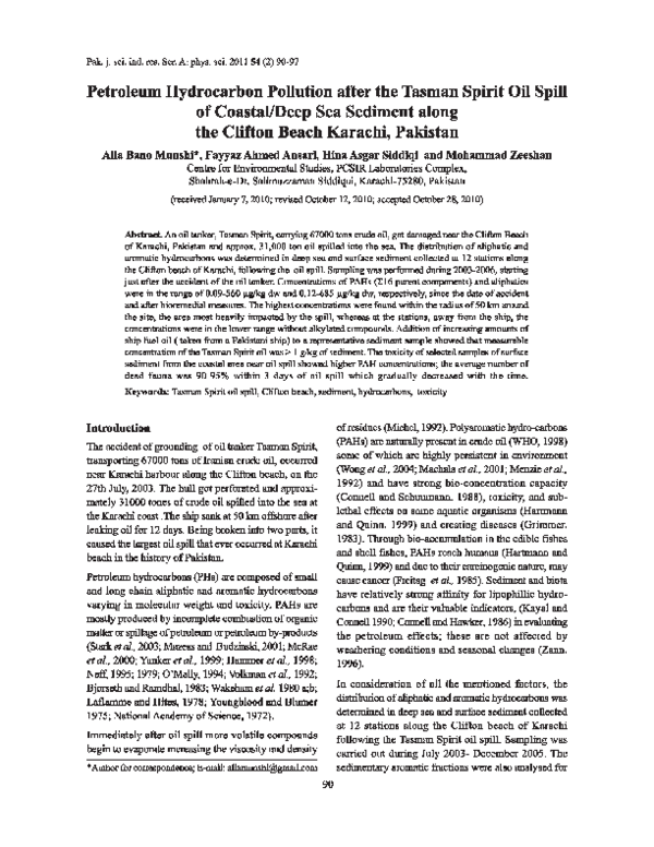 (PDF) Petroleum Hydrocarbon Pollution after the Tasman Spirit Oil Spill ...