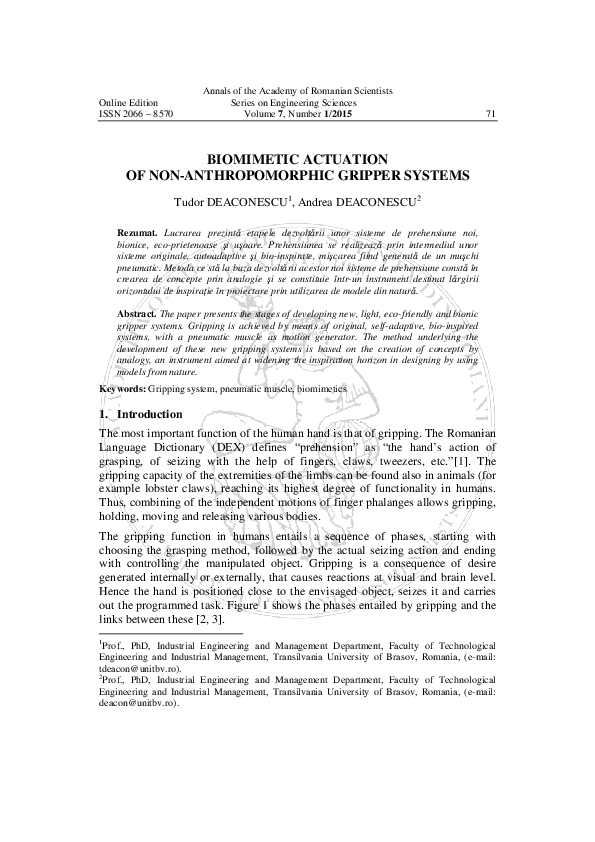 (PDF) Biomimetic Actuation of Non-Anthropomorphic Gripper Systems