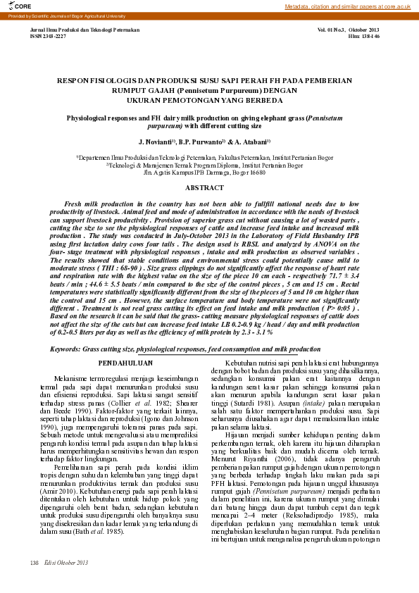 (PDF) Respon Fisiologis dan Produksi Susu Sapi Perah FH pada Pemberian ...