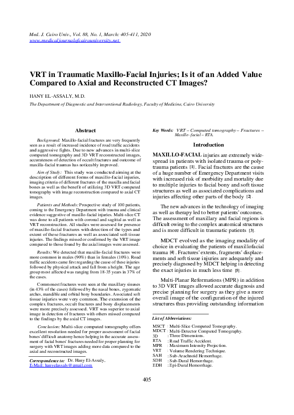 (PDF) VRT in Traumatic Maxillo-Facial Injuries; Is it of an Added Value ...