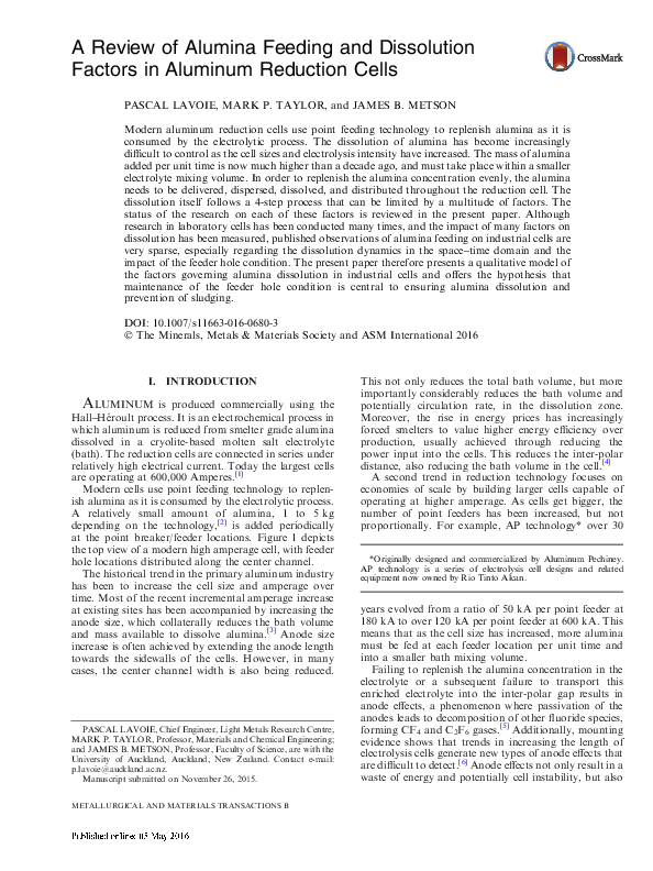 (PDF) A Review of Alumina Feeding and Dissolution Factors in Aluminum ...
