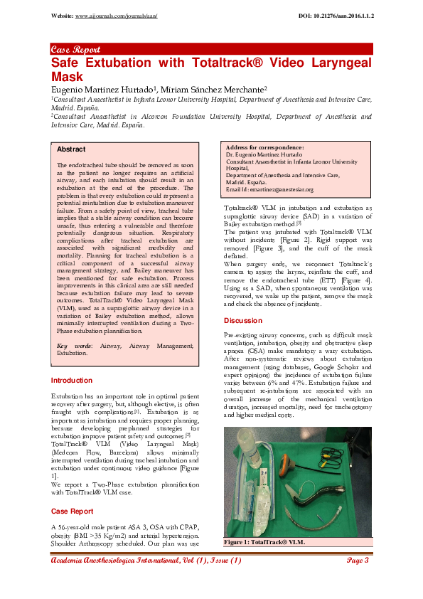 (PDF) Safe Extubation with Totaltrack® Video Laryngeal Mask