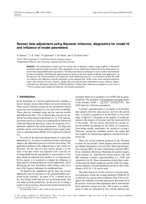 (PDF) Nuclear data adjustment using Bayesian inference, diagnostics for model fit and influence ...