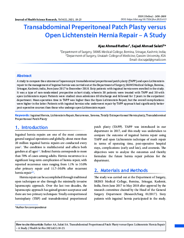 (PDF) Transabdominal Preperitoneal Patch Plasty versus Open Lichtenstein Hernia Repair – A Study