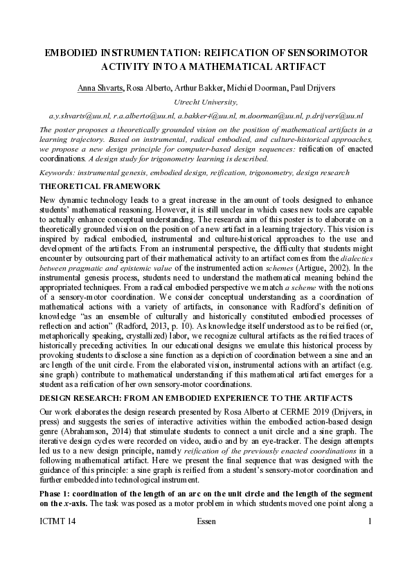 (PDF) Embodied instrumentation: reificaton of sensorimotor activity into a mathematical artifact