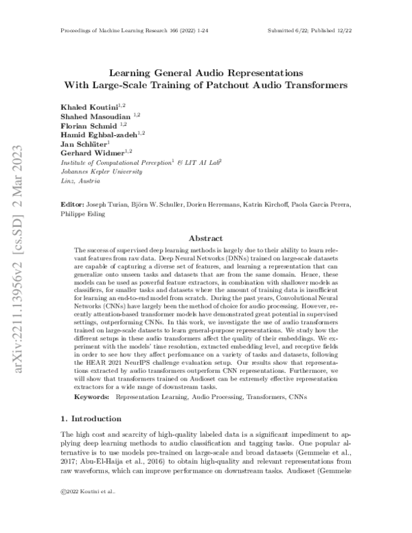 (PDF) Learning General Audio Representations with Large-Scale Training of Patchout Audio ...