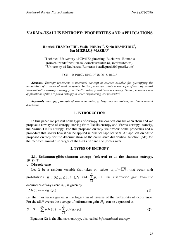 (PDF) Varma-Tsallis Entropy: Properties and Applications | Romica Trandafir - Academia.edu