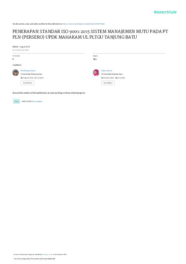 (PDF) Penerapan Standar Iso 9001:2015 Sistem Manajemen Mutu Pada PT PLN (Persero) Updk Mahakam ...