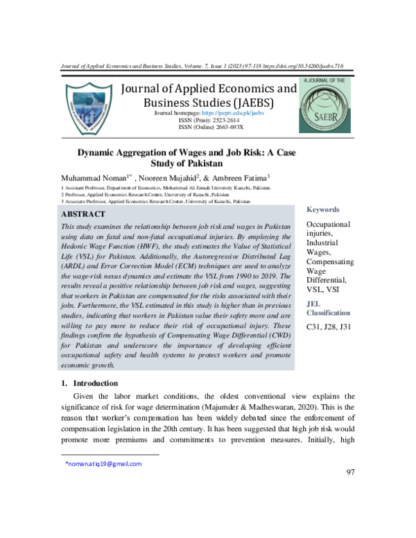 (PDF) Dynamic Aggregation of Wages and Job Risk: A Case Study of Pakistan