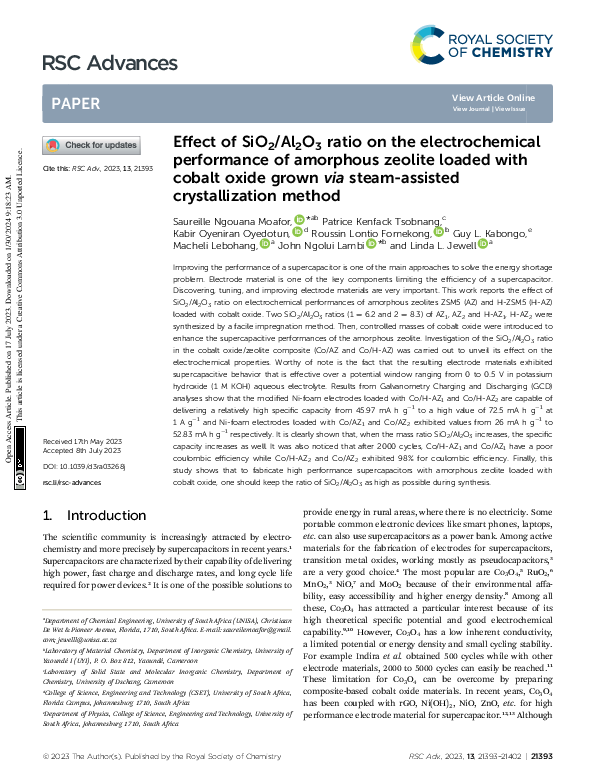 (PDF) Effect of SiO2/Al2O3 ratio on the electrochemical performance of amorphous zeolite loaded ...