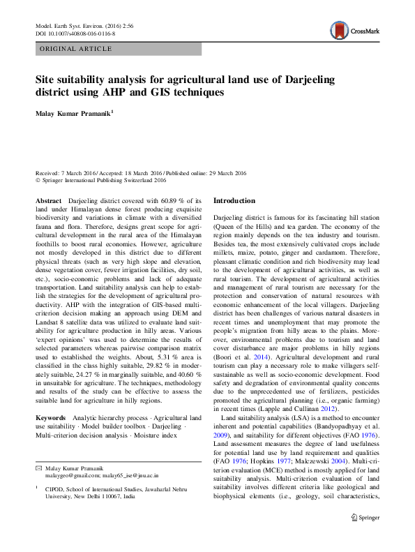 (PDF) Site suitability analysis for agricultural land use of Darjeeling district using AHP and ...