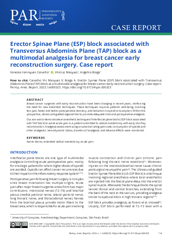 (PDF) Erector Spinae Plane (ESP) block associated with Transversus ...
