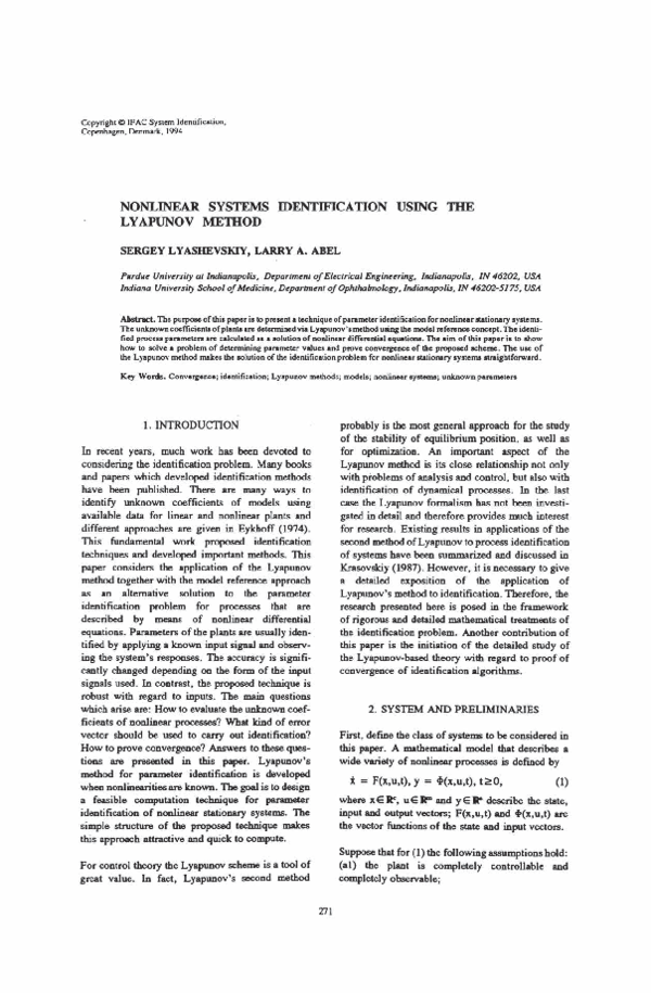 (PDF) Nonlinear Systems Identification using the Lyapunov Method