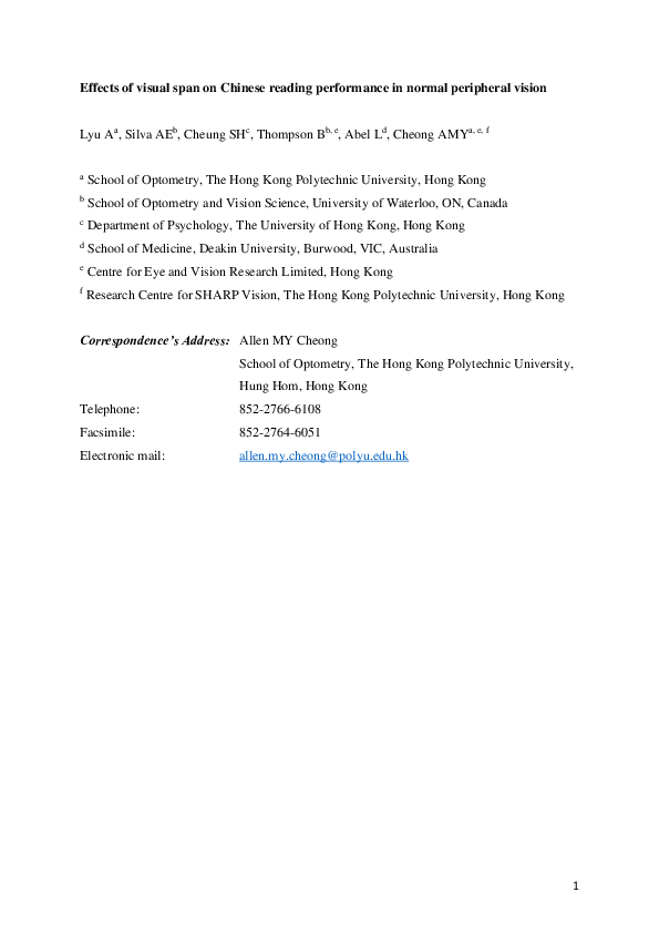 (PDF) Effects of visual span on Chinese reading performance in normal ...