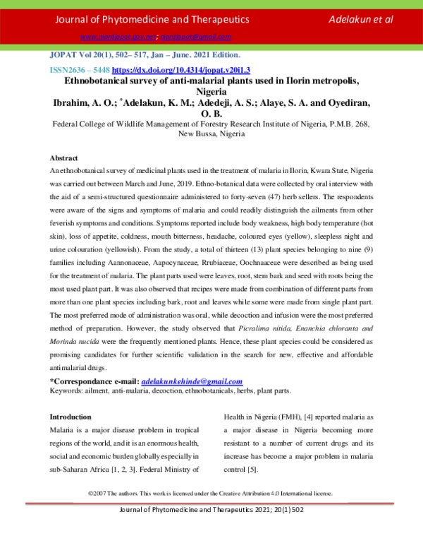 (PDF) Ethnobotanical survey of anti-malarial plants used in Ilorin metropolis, Nigeria
