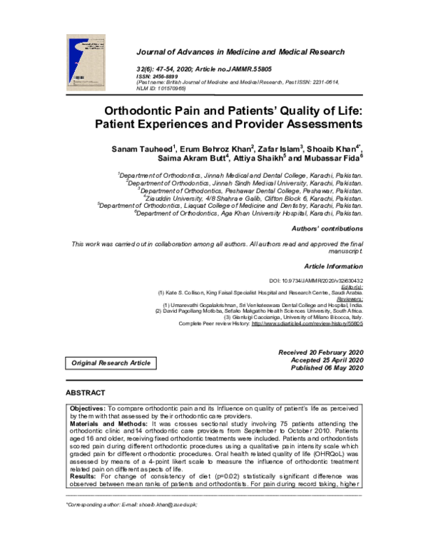 (PDF) Orthodontic Pain and Patients’ Quality of Life: Patient Experiences and Provider ...