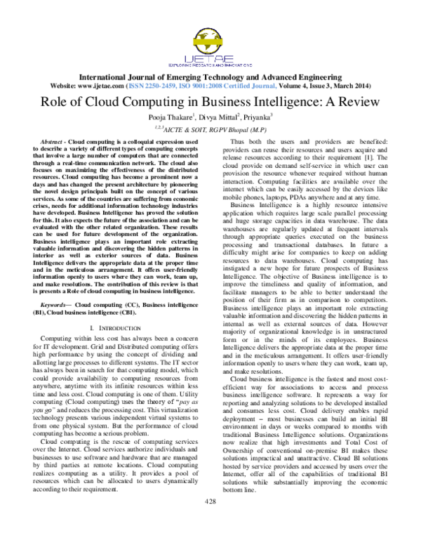 (PDF) Role of Cloud Computing in Business Intelligence: A Review