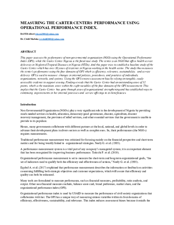 (DOC) MEASURING THE CARTER CENTERS PERFORMANCE USING OPERATIONAL ...