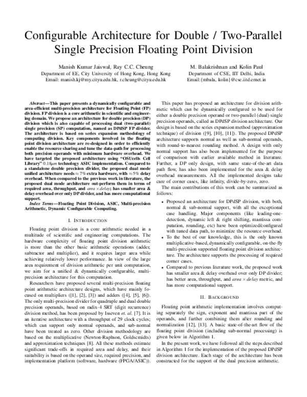 (PDF) Configurable Architecture for Double/Two-Parallel Single Precision Floating Point Division