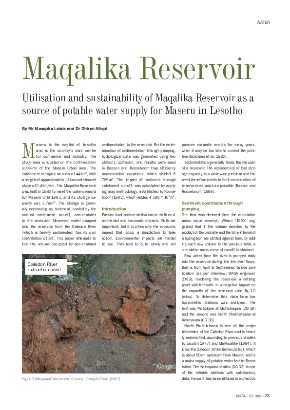(PDF) Maqalika Reservoir: utilisation and sustainability of Maqalika ...