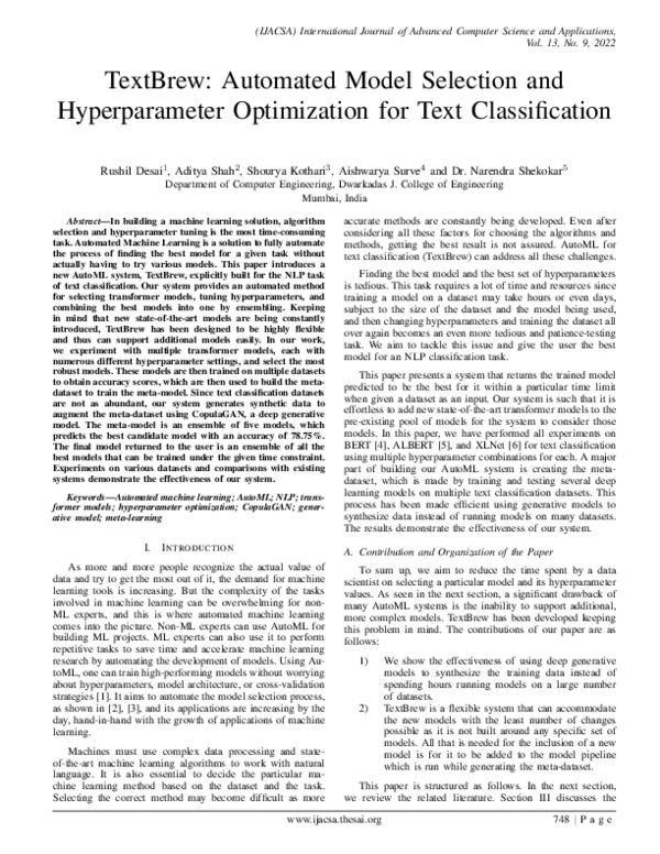 Pdf Textbrew Automated Model Selection And Hyperparameter Optimization For Text Classification