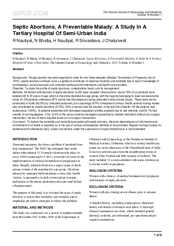 (PDF) Septic Abortions, A Preventable Malady: A Study In A Tertiary ...