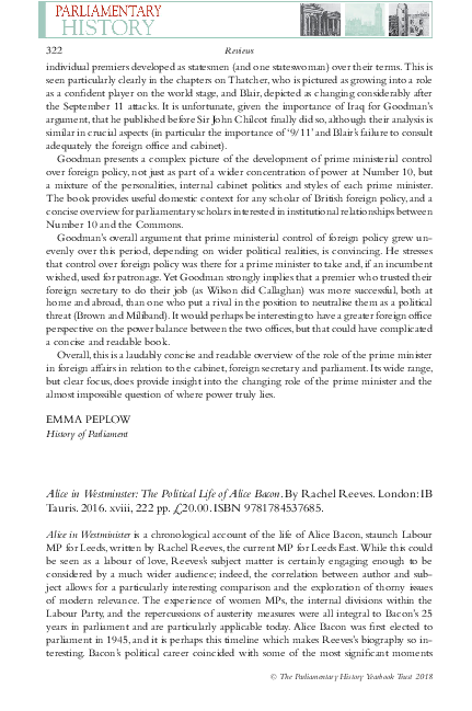 (PDF) Alice in Westminster: The Political Life of Alice Bacon. By ...