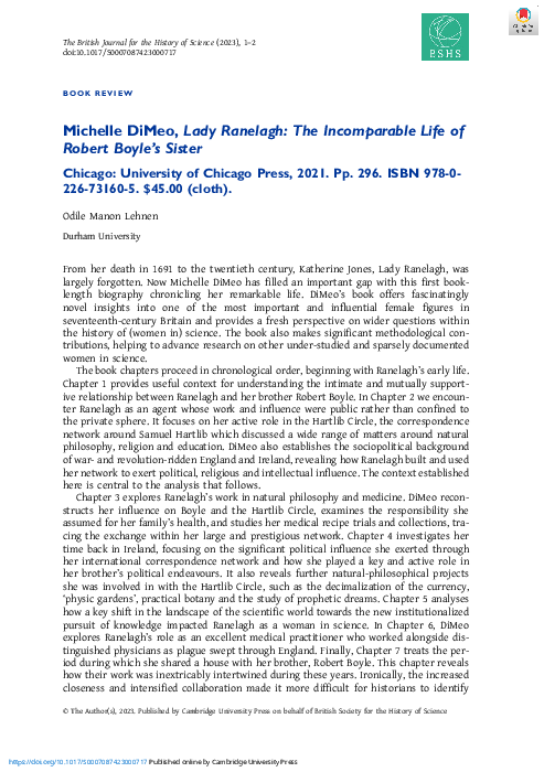 (PDF) Michelle DiMeo, Lady Ranelagh: The Incomparable Life of Robert ...