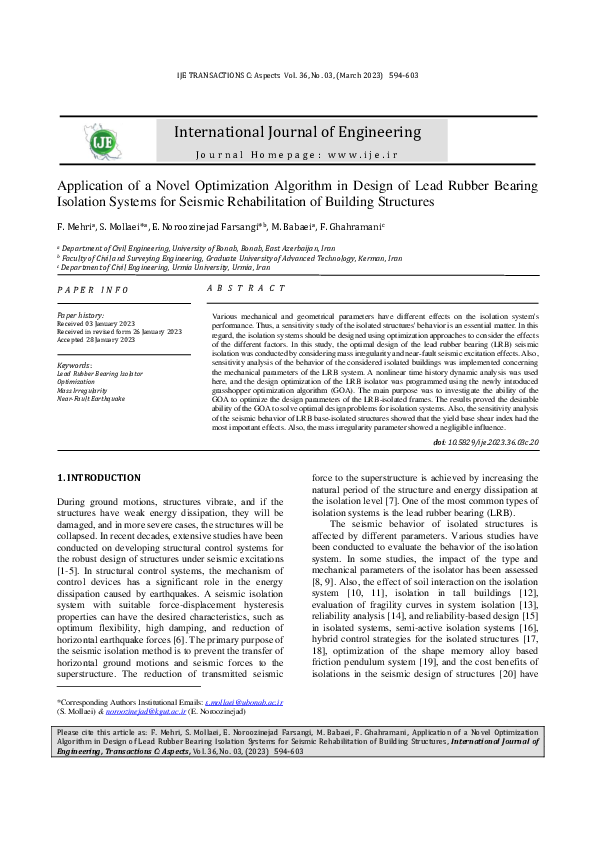 (PDF) Application of a Novel Optimization Algorithm in Design of Lead Rubber Bearing Isolation ...