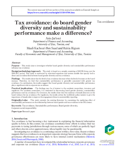 (PDF) Tax avoidance: do board gender diversity and sustainability ...