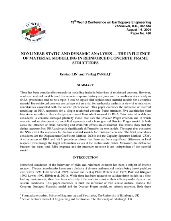 (PDF) Nonlinear static and dynamic analysis: the influence of material modelling in reinforced ...