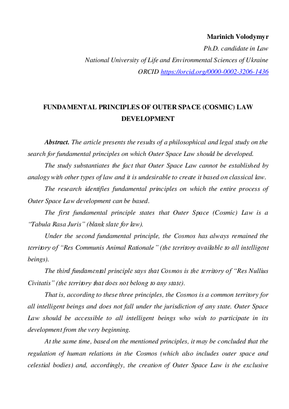 (PDF) FUNDAMENTAL PRINCIPLES OF OUTER SPACE (COSMIC) LAW DEVELOPMENT