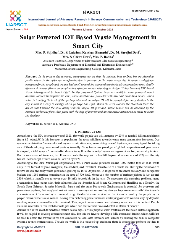 (PDF) Solar Powered IOT Based Waste Management in Smart City