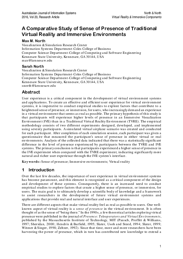 (PDF) A Comparative Study of Sense of Presence of Virtual Reality and Immersive Environments