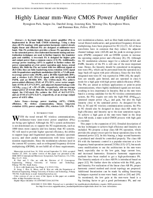 (PDF) Highly Linear mm-Wave CMOS Power Amplifier | Bumman Kim - Academia.edu