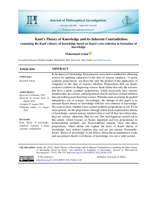(PDF) Kant's Theory of Knowledge and its Inherent Contradiction: examining the Kant's theory of ...