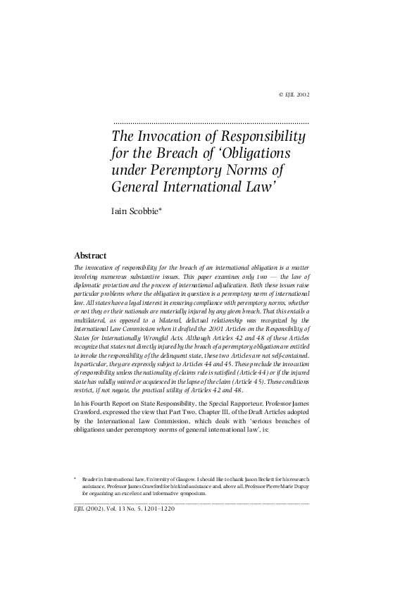 (PDF) The Invocation of Responsibility for the Breach of 'Obligations ...