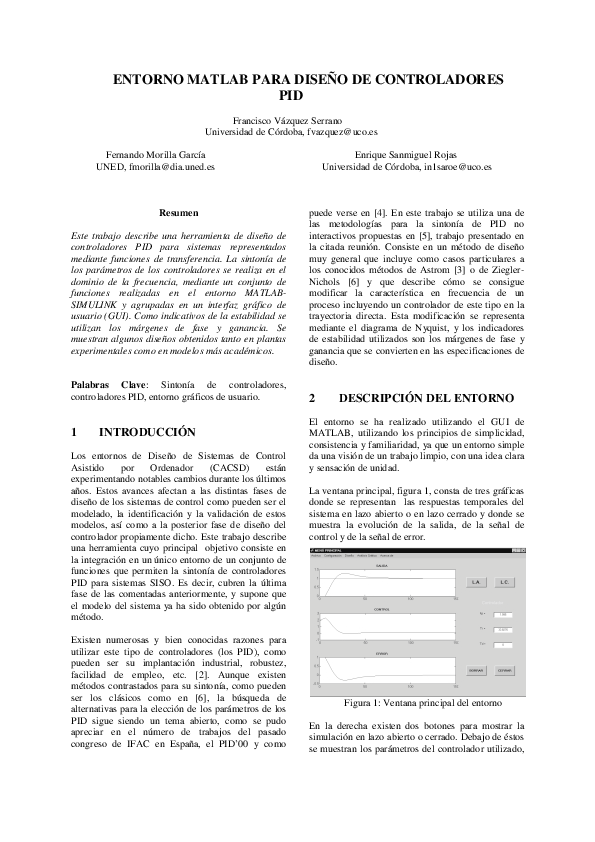 (PDF) Entorno Matlab para diseño de controladores PID