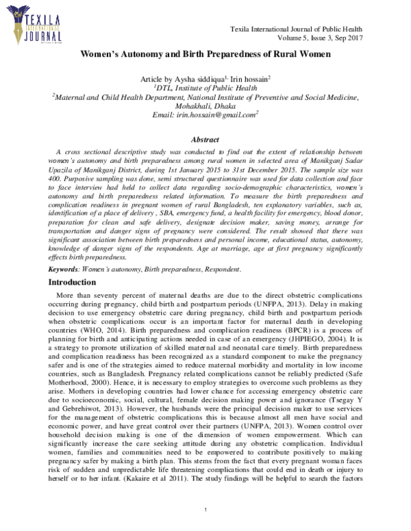 (PDF) Women ’ s Autonomy and Birth Preparedness of Rural Women