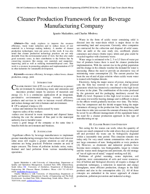(PDF) Cleaner Production Framework for an Beverage Manufacturing Company