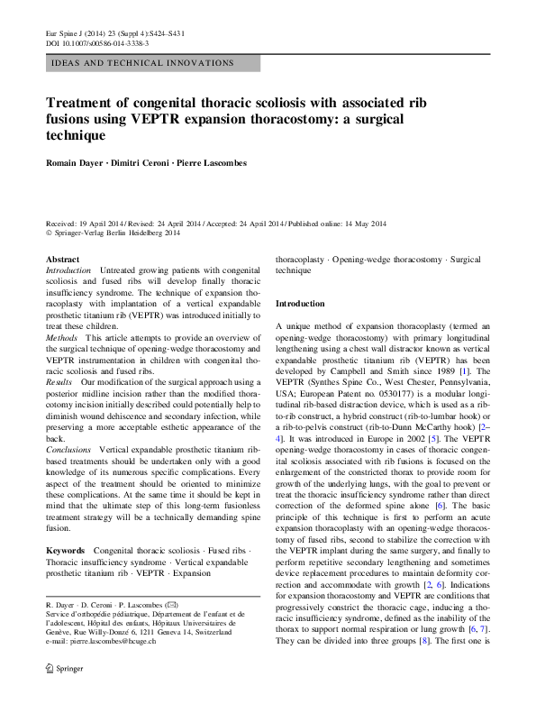(PDF) Treatment of congenital thoracic scoliosis with associated rib ...