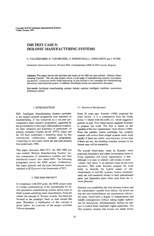 (PDF) IMS Test Case 5: Holonic Manufacturing Systems